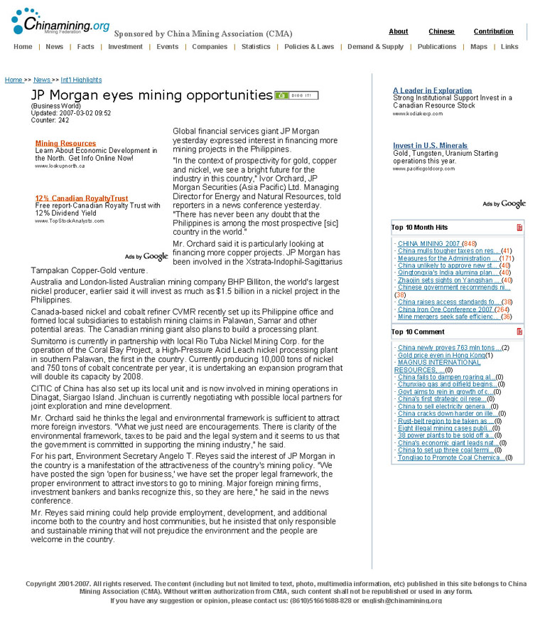 JP Morgan eyes mining opportunities, China Mining · CVMR®